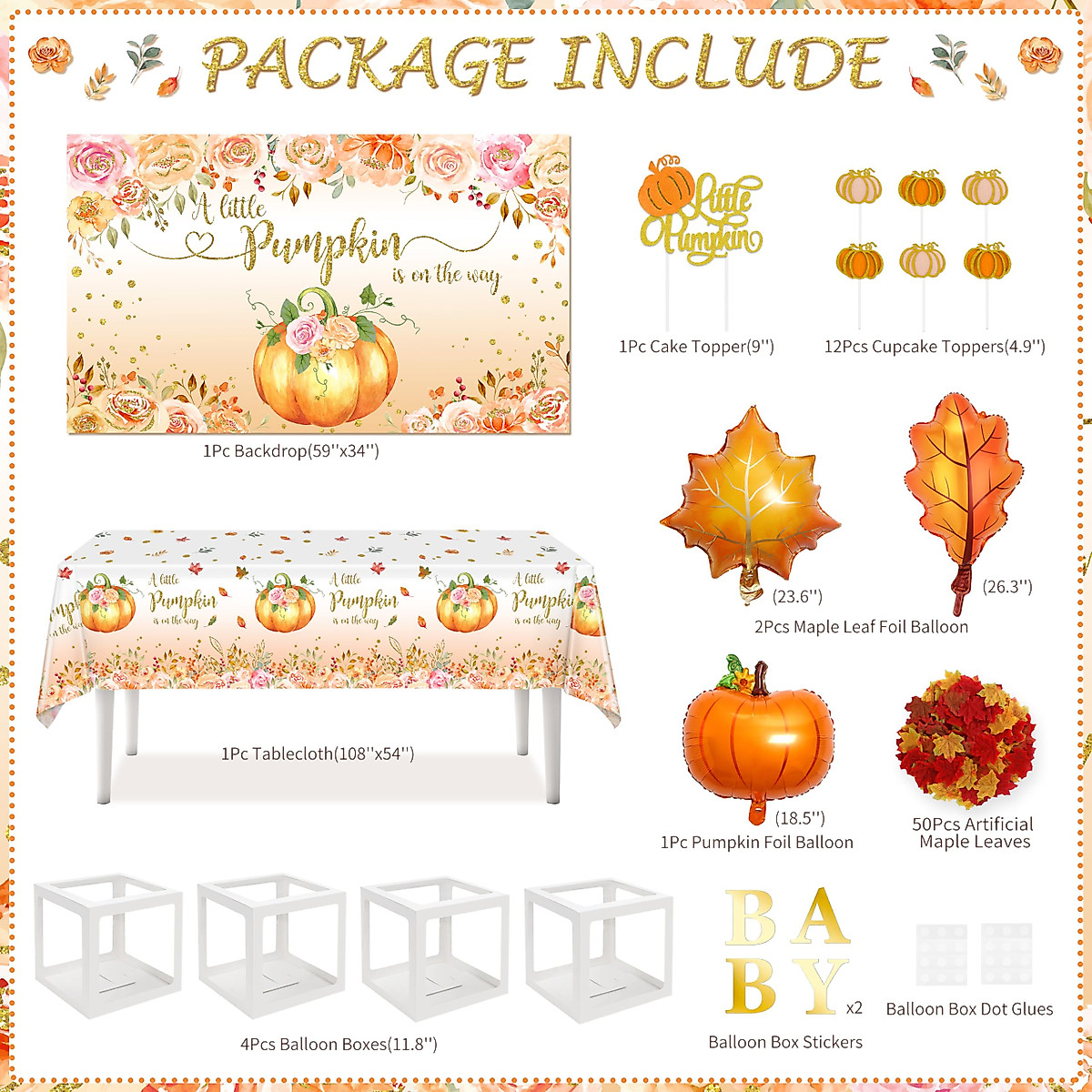 Little Pumpkin Fall Baby Shower Party Decorations Thanksgiving Party Decorations Autumn Pumpkin Party Supplies with Pumpkin Balloons Garland Arch Kit Baby Balloon Boxes Backdrop Thanksgiving Decor