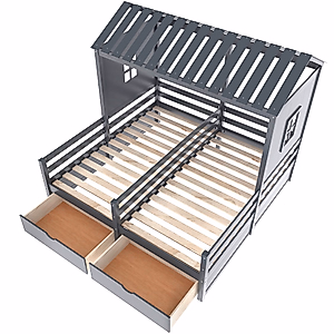 P PURLOVE Twin Double Shared Bed,Twin Size House Platform Beds with Two Drawers for Boy and Girl Shared Beds, Montessori House Bed Frame Combination of 2 Side by Side Twin Size Beds,Gray