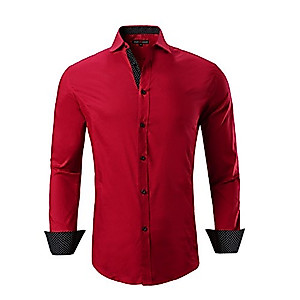 Alex Vando Mens Dress Shirts Regular Fit Long Sleeve Stretch Business Dress Shirts for Men,Red,Large