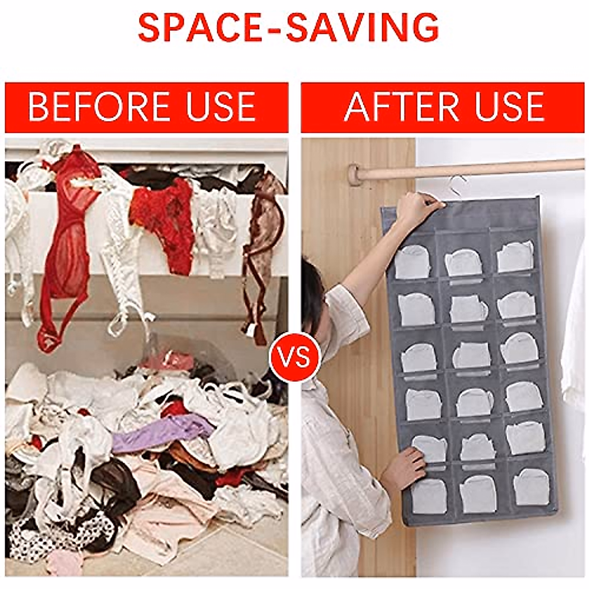 Oxeanus Closet Hanging Organizer with Mesh Pockets And Rotating Metal Hanger,Dual Sided Wall Shelf Wardrobe Storage Bags,Oxford Cloth Space Saver Bag for Bra Underwear Underpants, Gray, 42.5Xx79CM