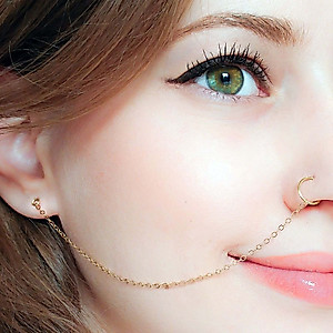 Zeshimb Nose to Ear Chain Gold Plated Nose Ring Studs Hypoallergenic Surgical Steel Nose Rings Retro Ear Hook Nose Hoop Nostril Piercing Jewelry for Women