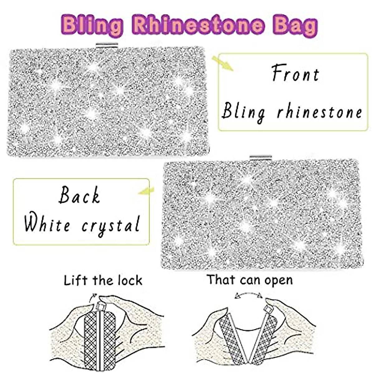 ELABEST Glitter Evening Clutch Bag Rhinestone Handbag Crossbody Purse Wedding Party Bag for Women and Girls (Double-sided silver crystal)