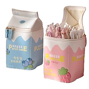 Pen Holder Yogurt Milk Box Shape Big Capacity Blueberry Strawberry Pen Pouch Case Estuche para Lapices (Pink)