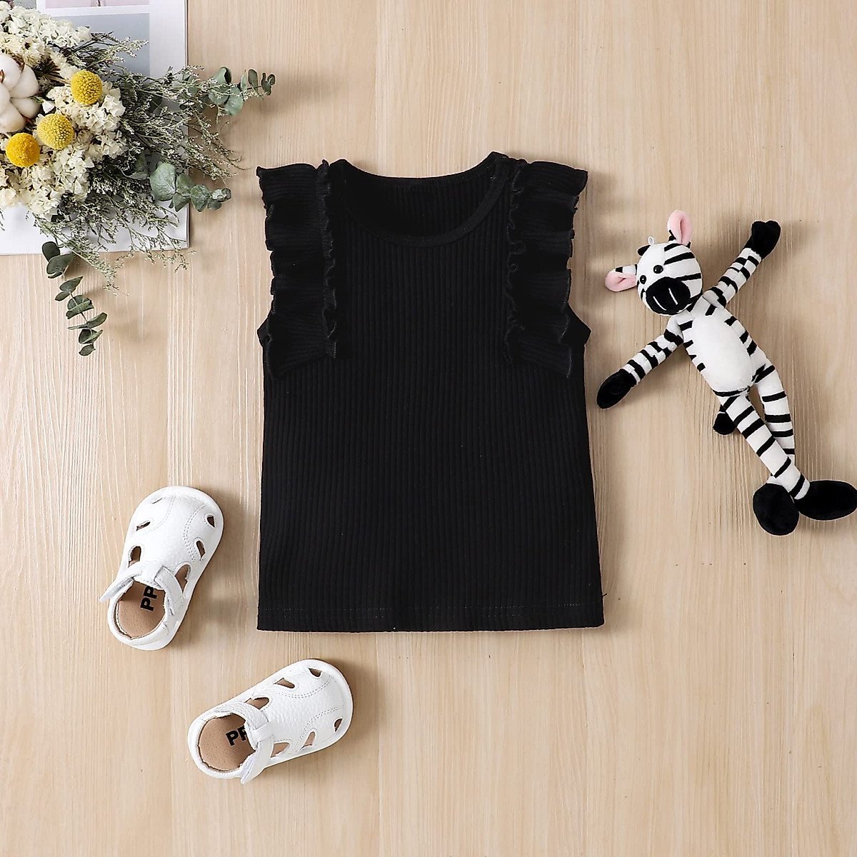 DREAM BUS 12-18 Months Toddler Baby Girl Clothes Summer Outfits Sets Ruffle Ribbed Sleeveless Vest Tank Top T-Shirts + Striped Print Pants