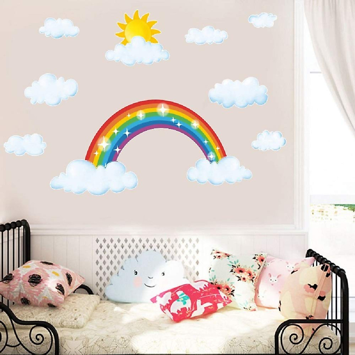 Large Sparkling Rainbow Wall Decal 21.6 x43.7inch, Rainbow Cloud Sun Wall Sticker, Peel and Stick Removable Rainbow with Sun Clouds Wall Stickers Wall Mural for Kids Nursery Bedroom
