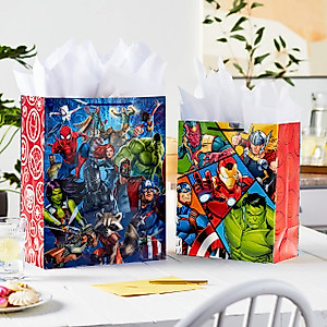 Hallmark Marvel Superhero Gift Bag Set (1 Large 13" Bag and 1 Extra Large 15" Bag) with Spider-Man, Hulk, Thor, Iron Man for Birthdays, Christmas, Halloween