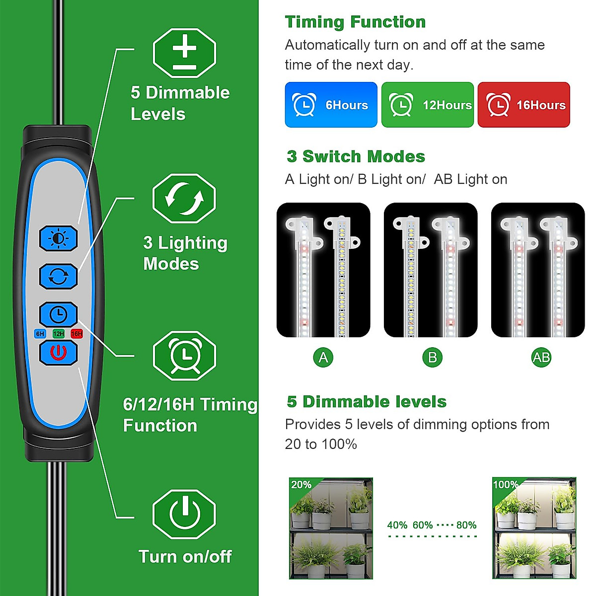 Wiaxulay LED Plant Grow Light Strips, 6000K Full Spectrum Grow Lights for Indoor Plants, Sunlike Growing Lamp with 6/12/16H Timer, 5 Dimmable Levels for Hydroponics Succulent, Plant Shelf, 2 Packs
