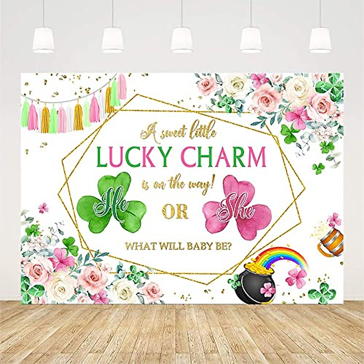 AIBIIN 7x5ft Lucky Charm Gender Reveal Backdrop St. Patrick's Day Baby Shower Photography Background He or She Pink or Green Shamrock Clover Gold Coin Party Decor Banner Supplies Photo Shoot Props
