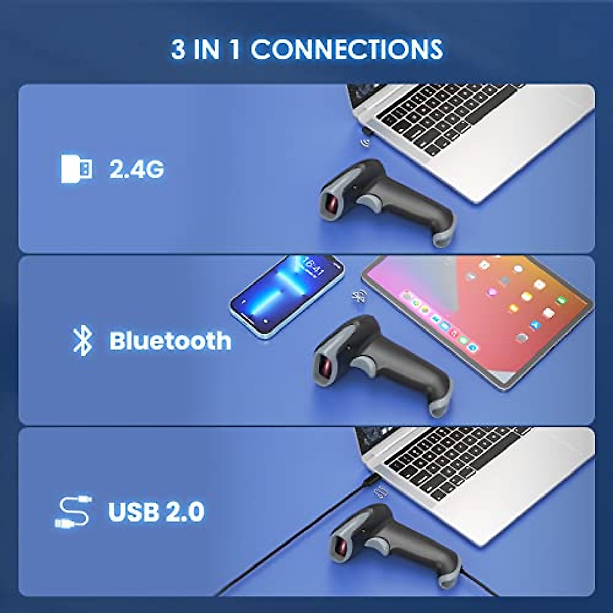 Eyoyo Wireless Barcode Scanner, 3-in-1 Bluetooth Barcode Scanner for Inventory, Cordless Vibration 1D 2D Qr Code Scanner, Handheld Wireless Barcode Reader for Windows iOS and Computers