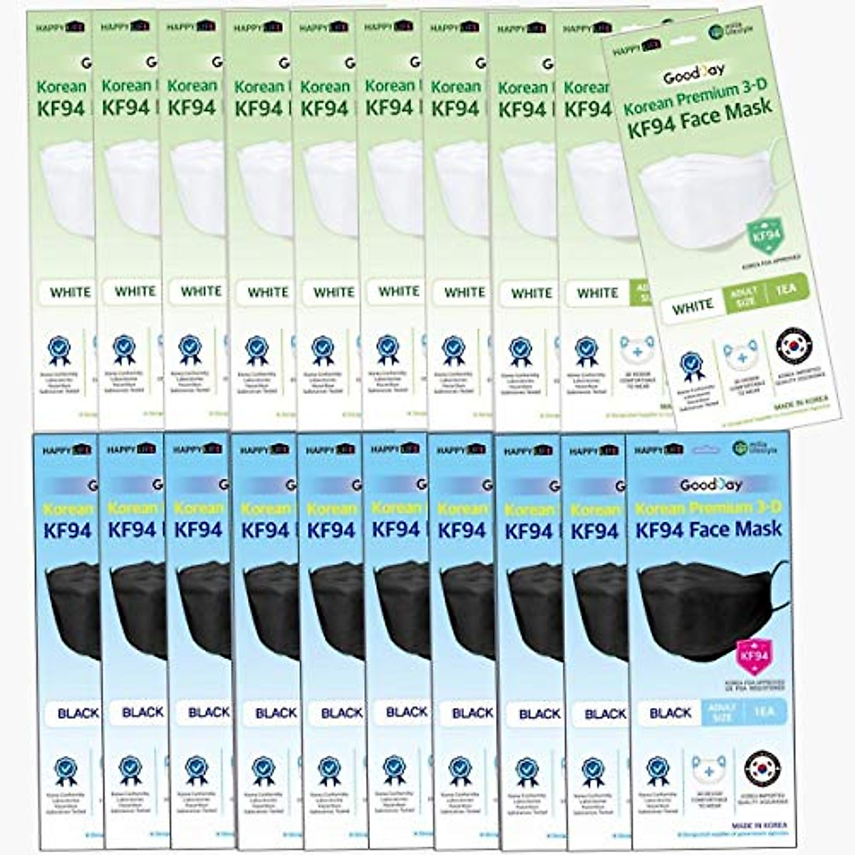 (Pack of 20) (10PCS BLACK,10PCS WHITE Combo set) [Good day] Premium 3D Disposable BLACK AND WHITE KF94 Face Mask, Protective Covering Dust Mask, Individual Packs, Made in Korea.