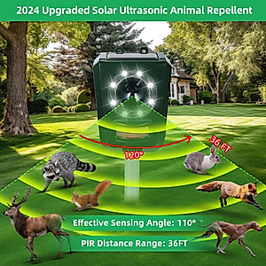 2024 Ultrasonic Deer Repellent Devices Solar Animal Repeller for Cat Dog Deer Raccoon Coyote Skunk, Waterproof Cat Deterrent Outdoor with Explosive Flashing Light for Lawns Yard
