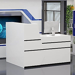 FAMAPY Modern Reception Desk Counter Desk for Retail & Checkout, Front Counter Table, L-Shaped, Black Tapes, Large Storage, for Office Boutique Lobby White (55.1”W x 23.6”D x 43.3”H)