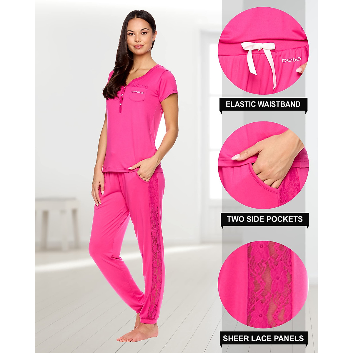 bebe Womens Pajama Sets - Short-Sleeve Pajamas for Women with Lace Accents - Plus Size Pajamas for Women (Fuchsia, 2X)