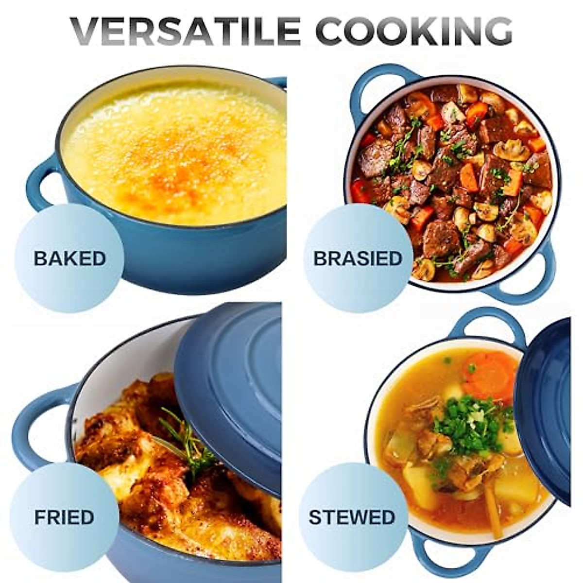 Trustmade 4.5 QT Cast Iron Dutch Oven, Enamel Coated Cookware Pot with Self Basting Lid for Home Baking, Braiser, Cooking, Blue