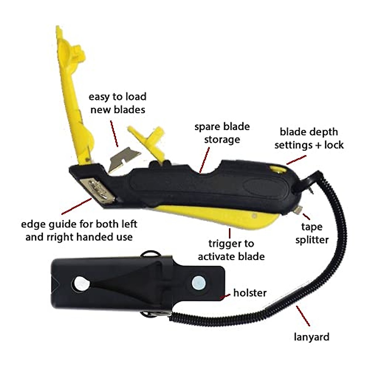 Veltec EZ-2000 Safety Box Cutter Utility Knife, Tape Splitter at Back, 3 Blade Depth Setting, Squeeze Trigger and Dual Side Edge Guide, 2 Blades (Yellow)