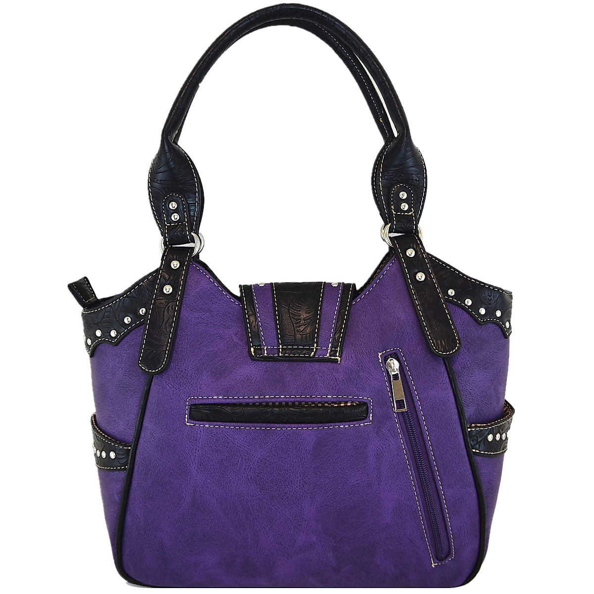 Western Style Tooled Leather Buckle Concealed Carry Purse Country Handbag Women Shoulder Bag Wallet Set (#4 Purple Set)