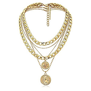 MJartoria Gold Layered Necklaces for Women Trendy Retro Birthflower August Flower Coin Pendant Gold Chain Necklaces Dainty Chunky Link Chain Choker Necklaces for Girls Jewelry Birthday Gifts