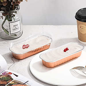EUSOAR Disposable Aluminum Ramekins, 25pcs 6.8oz 6.5"x2.5"x1.2" Foil Baking Cups Pan with Lids，Rectangle Cupcake Containers Wrappers, Dessert Cheesecake Creme Brulee Ramekins Pan-Rose Gold