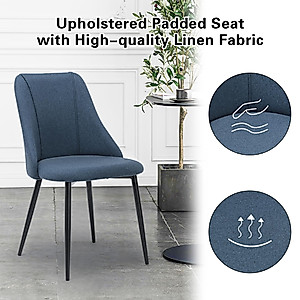DAGONHIL Modern Dining Chairs for Kitchen,Linen-Cotton Upholstered Dining Chair Set of 2 with Black Metal Leg (Blue)