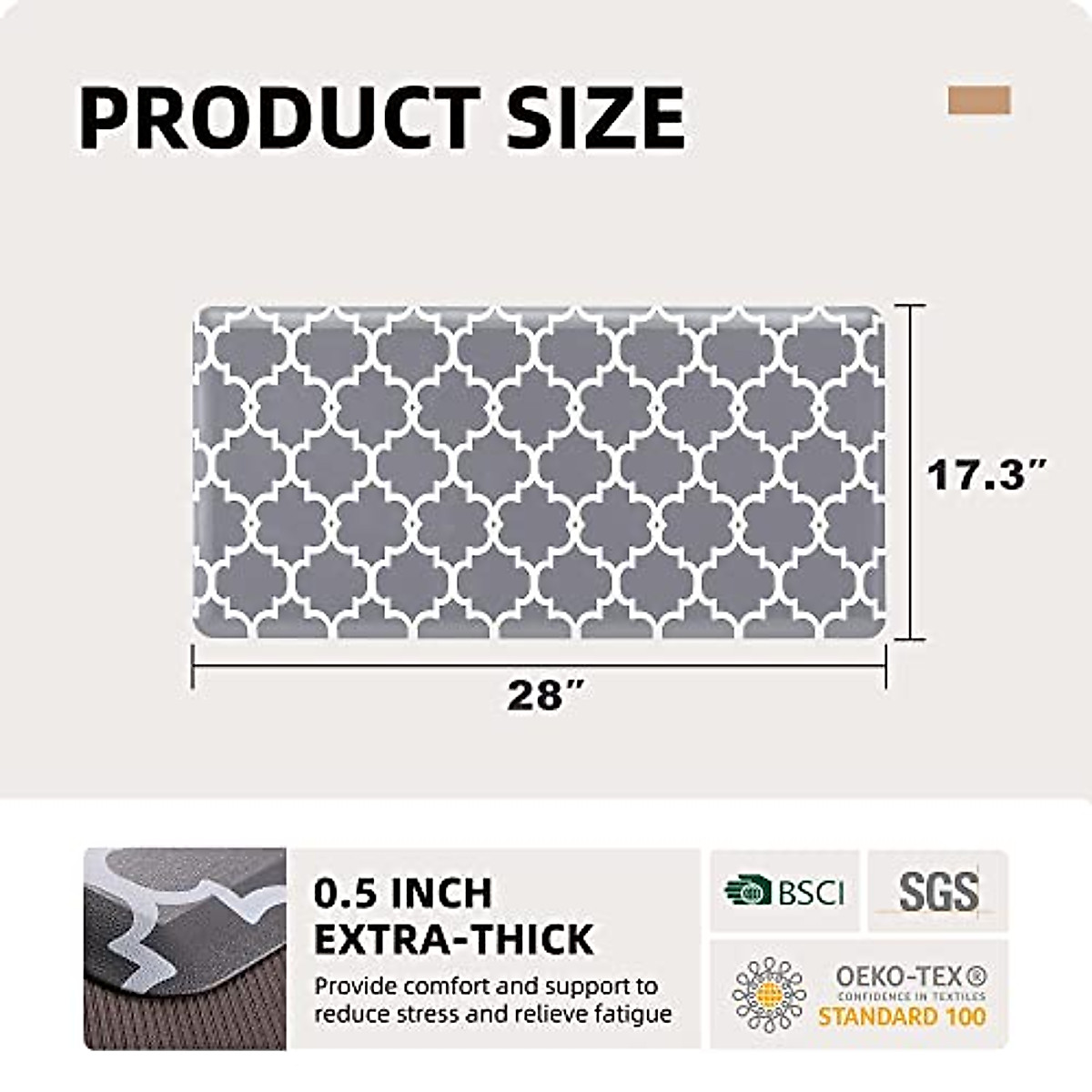 KOKHUB Kitchen Mat,1/2 Inch Thick Cushioned Anti Fatigue Waterproof Kitchen Rug, Comfort Standing Desk Mat, Kitchen Floor Mat Non-Skid & Washable for Home, Office, Sink,17.3"x28"- Grey