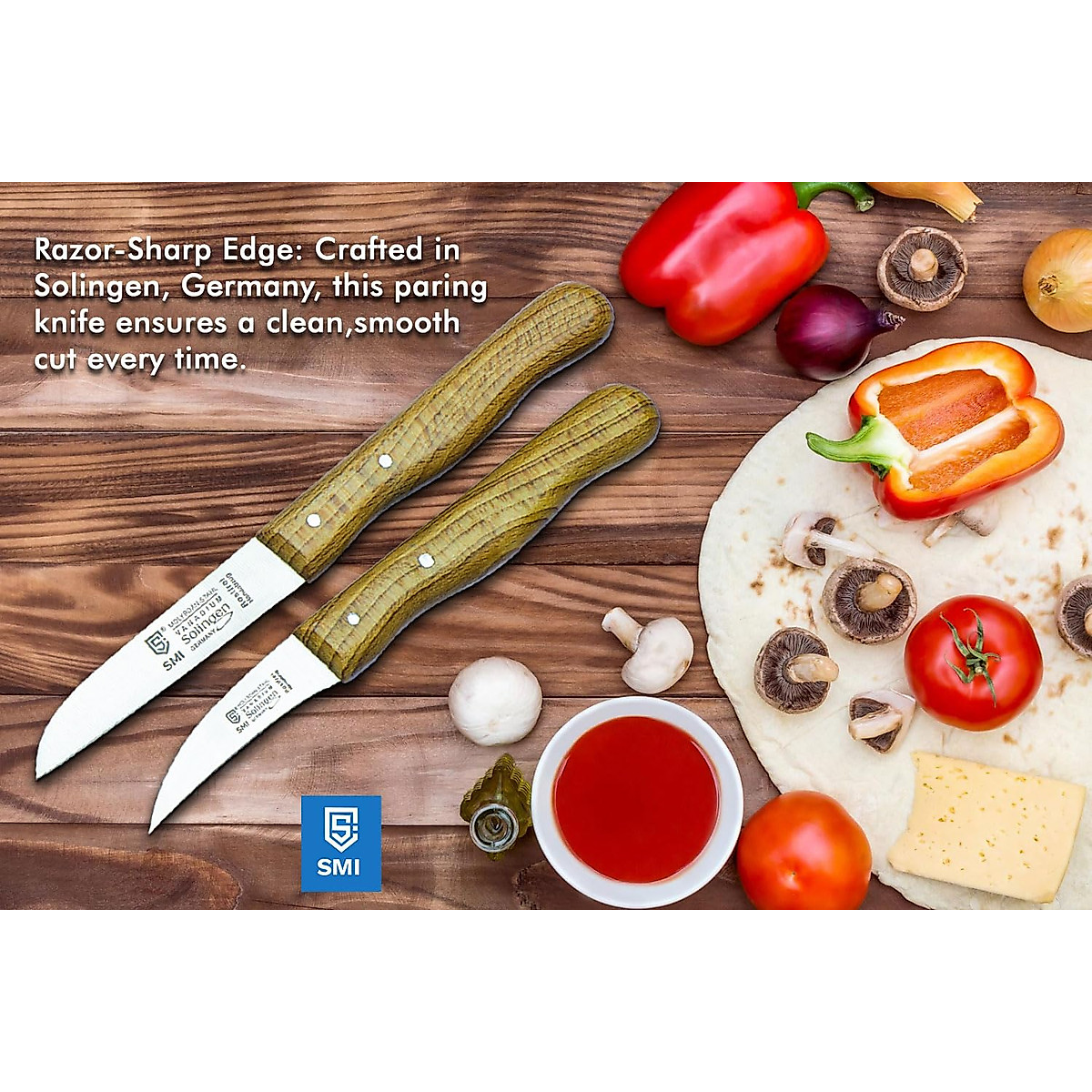 SMI Solingen Bird Beak Knife Germany Paring Knife Set Wooden Handle Peeling Knife for Fruits and Vegetables Knife Straight & Curved Stainless Steel Sharp Blade, Not Dishwasher Safe