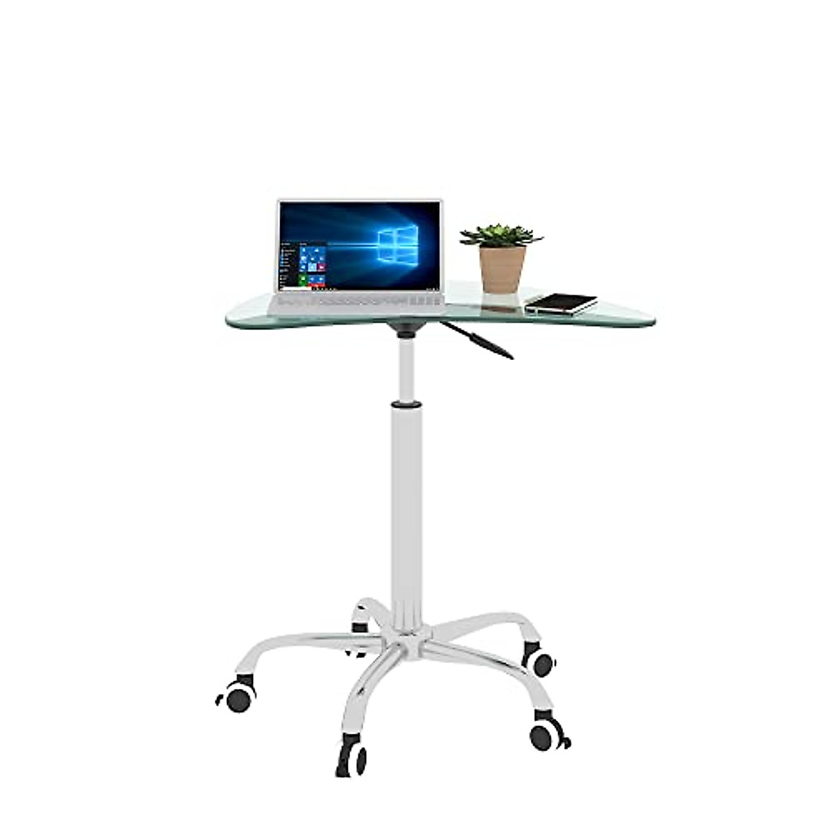 AMNOOL Glass Desk with Lockable Wheels Roller Desk with Stainless Steel Legs Height Adjustable Glass Desk Suitable for Computer Desk, Bedroom, Balcony, Classroom, Lecture Hall