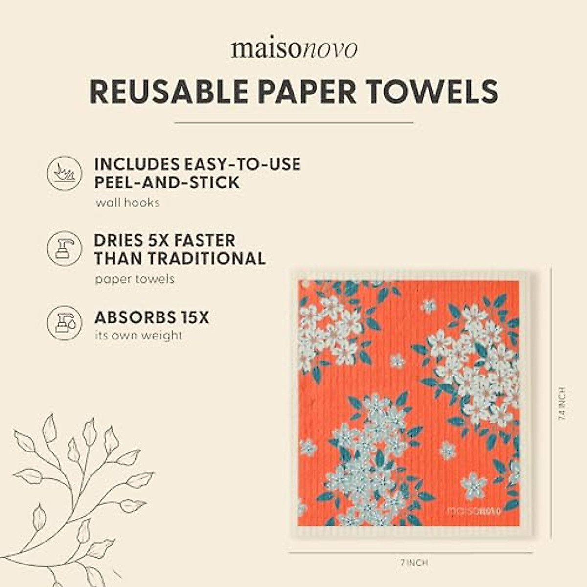 MaisoNovo Swedish Dishcloths for Kitchen | Reusable Paper Towels with Hook | Biodegradable and Reusable Paper Towels Washable | Swedish Dishcloth Reusable Paper Towel | Kyoto Cherry - Pack of 2