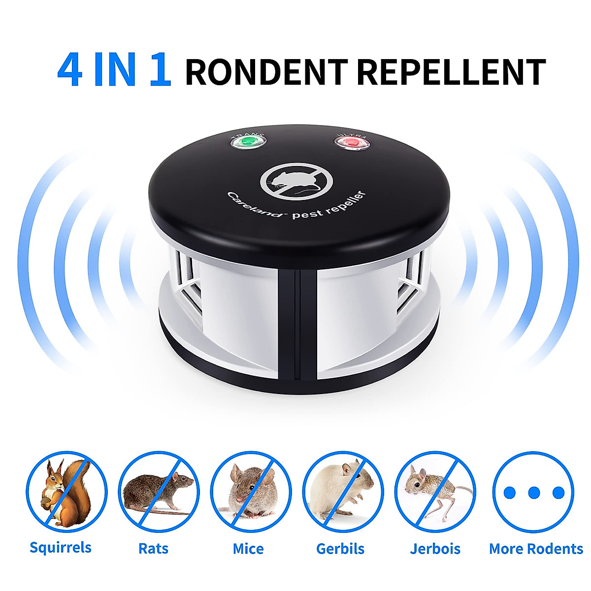 Careland Squirrel Repellent Rodent Repellent, 360°Mouse Ultrasonic Plug in Pressure Wave Pest Deterrent Control Chaser Squirrels Mouse Mice Rats and Other Rodents for Indoor Use Black-1,361N