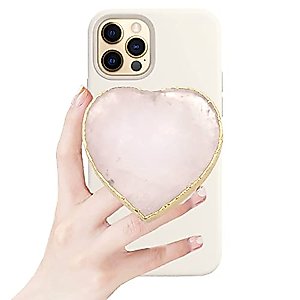 LCLUCKYLK Crystal Phone Grip Holder - Mobile Phone Grip Gemstone Natural Stone Crystal Phone Grip Irregular Shape Design with Golden Trimmed Edges for Cell Phone and Tablets (White Heart)