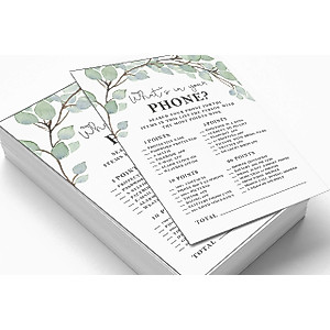 Inkdotpot 50-Pack Greenery Whats on Your Phone Bridal Shower Game Wedding Shower Bachelorette Party Bulk Activity Game Cards