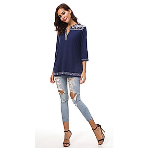 Women's Summer Tops Boho V-Neck Embroidery Short Sleeve Blouses for Women Fashion Navy Blue