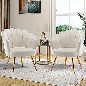 Alunaune Mid Century Velvet Living Room Chair Accent Chairs, Upholstered Vanity Chair for Makeup Room, Modern Barrel Arm Chair Guest Leisure Chair Comfy for Bedroom-Ivory