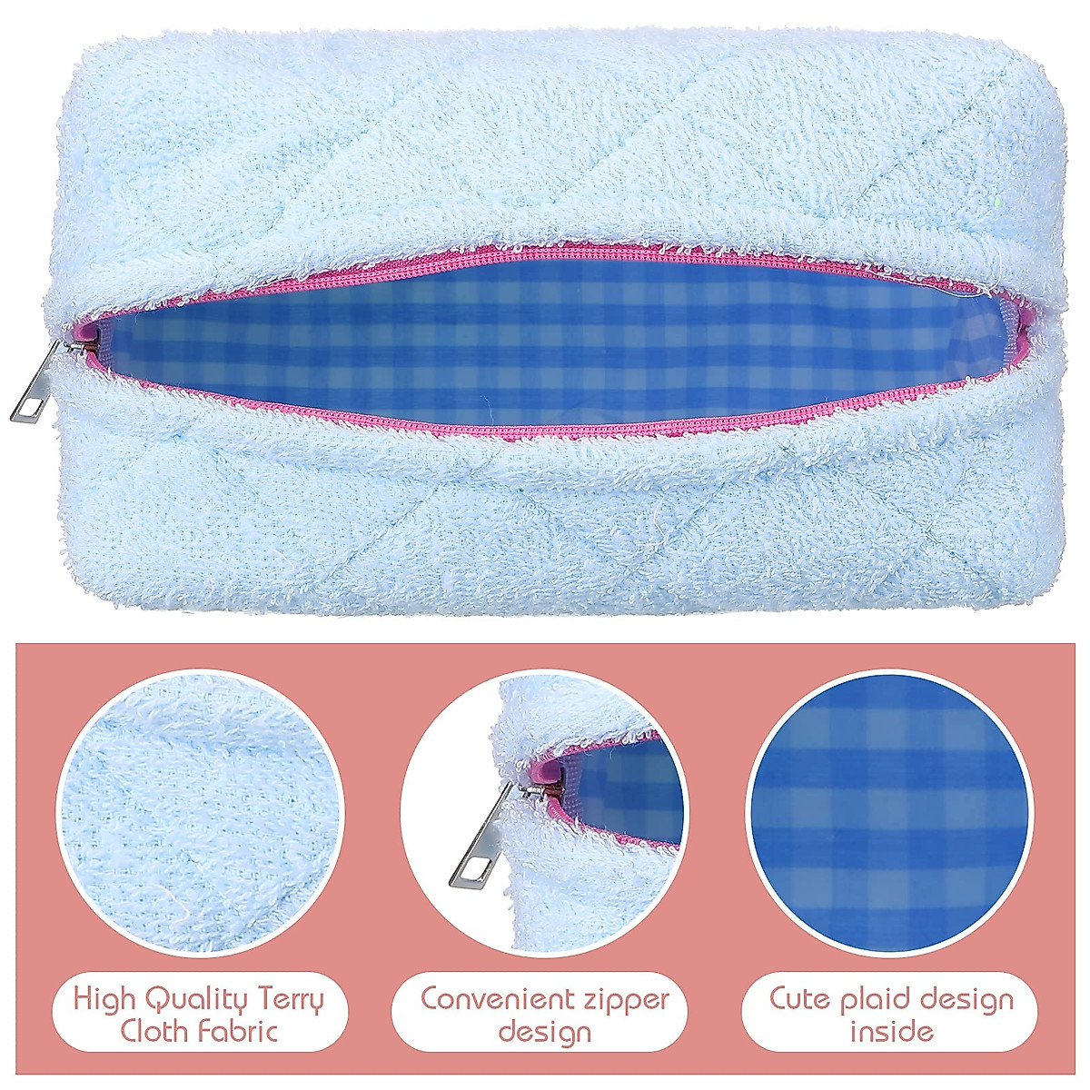 LEIFIDE 4 Pcs Quilted Makeup Bag Pouch Cute Plush Fuzzy Checkered Cosmetic Bag Cotton Terry Cloth Toiletry Pouch with Zipper Portable Travel Organizer Preppy Brush Storage for Christmas Women Gift