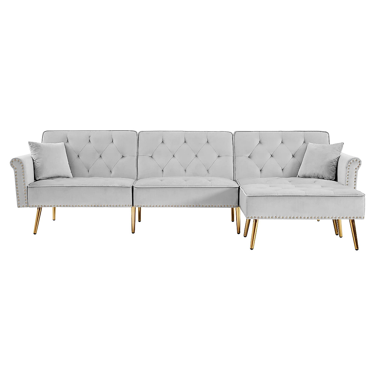 Hommoo 110” Modern Reversible Sectional Couch for Living Room Velvet L Shaped Couch with Removable Ottoman Nailhead Trim 3 Seater Sofa with Metal Gold Legs Light Gray