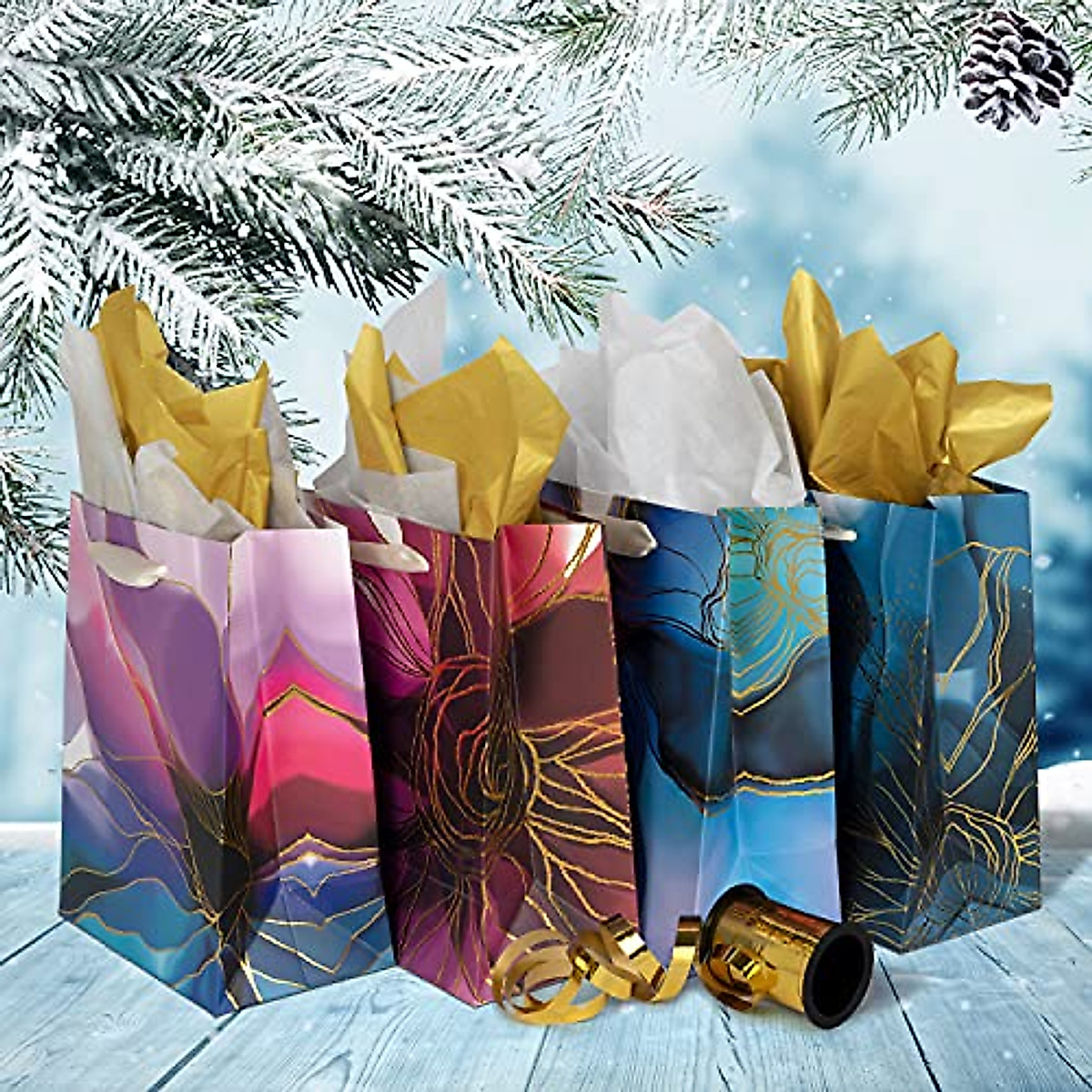 Homeadow Bags - 4 Pcs Assorted Gift Bags, Medium Size (9"x7") - Assorted with 4 Different Designs, Laminated Cardboard, Gold Foil, includes 8 tissue papers - Golden Blossom