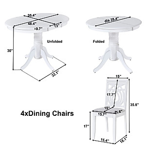 Merax Mid-Century Wood 5-Piece Extendable Dining Table Set with 4 Upholstered Chairs for Small Places, White_Round