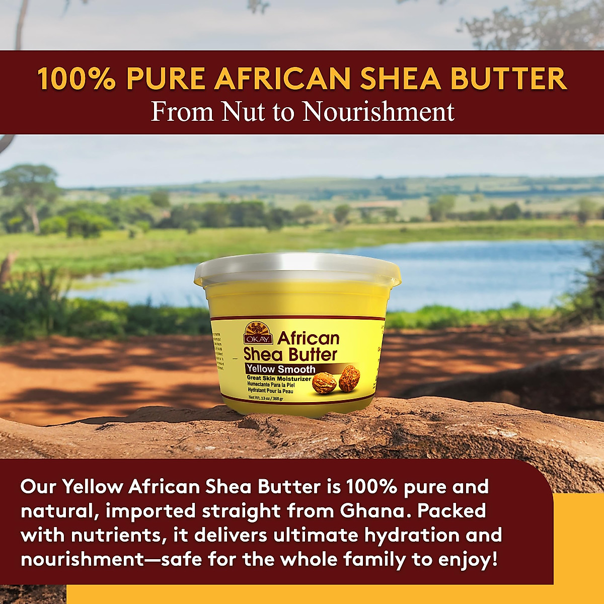 OKAY Yellow Shea Butter for Hair and Skin - Raw African Shea Butter for Women and Men, Daily Moisturizer for Face and Body, Helps with Stretch Marks, Soothes Dryness - 13 Oz Jar (Pack of 1)