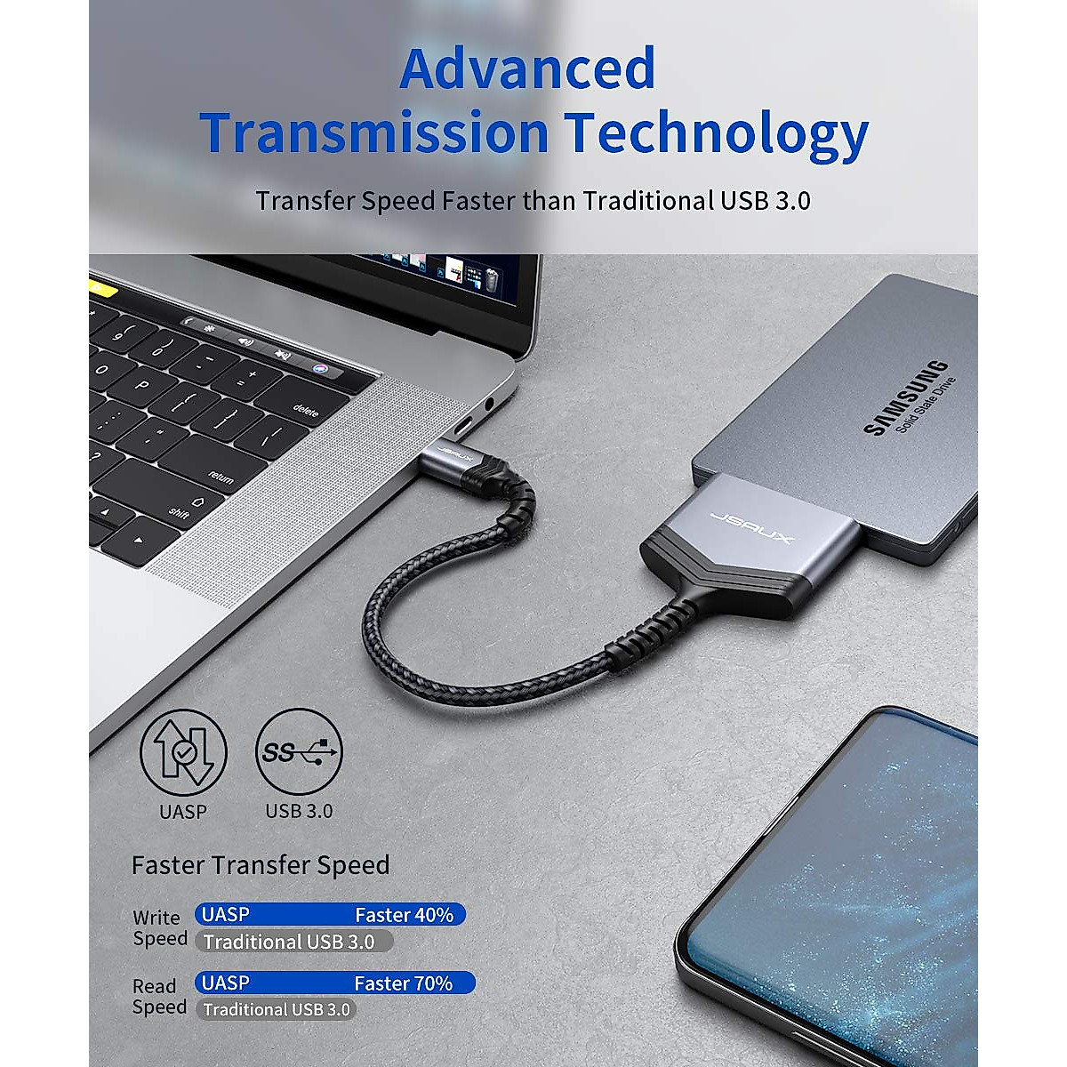 JSAUX SATA to USB C Cable, USB-C 3.1 to 2.5” SATA III Hard Driver Adapter Aluminum Shell External Converter for SSD/HDD Data Transfer-Grey