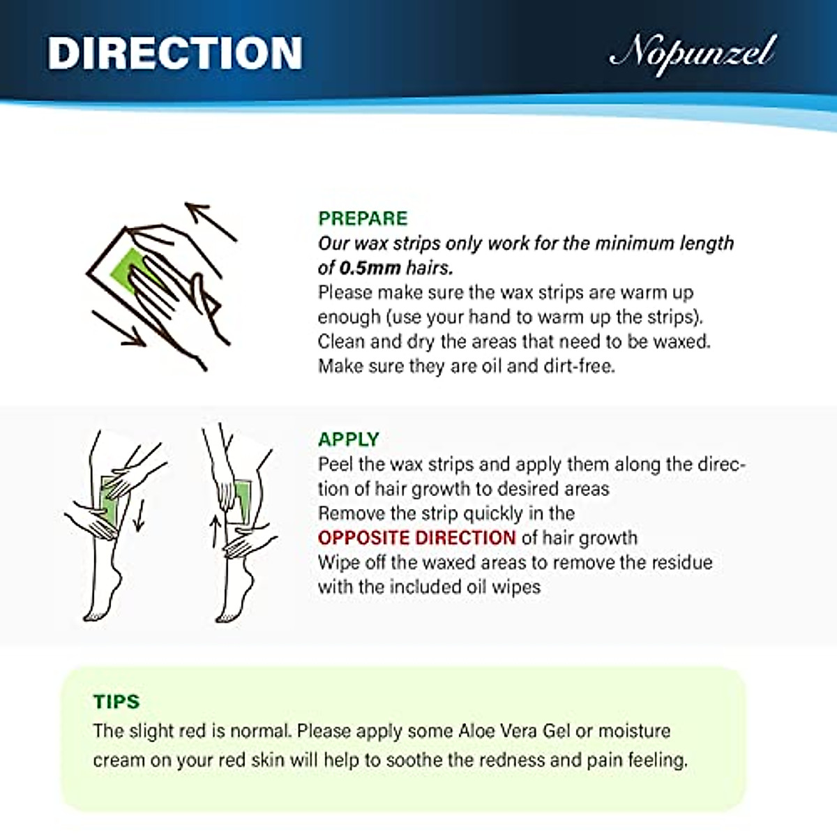 Nopunzel Wax Strips, Waxing Strips, Wax strips for Hair Removal, Facial Waxing Strips, Body Wax Strips for Arms, Legs, Chest, Back and Bikini, Hair Removal for Women and Men, Waxing Kit with 42 Wax Strips (2 Sizes) + 4 Calming Oil Wipes (Green)