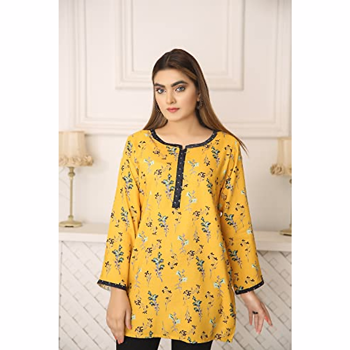IshDeena Indian Kurti Tops for Women, Kurta Tops for Women, Kurtis for Women Indian Style Tunic Tops for Women Loose Fit (Medium/Yellow)