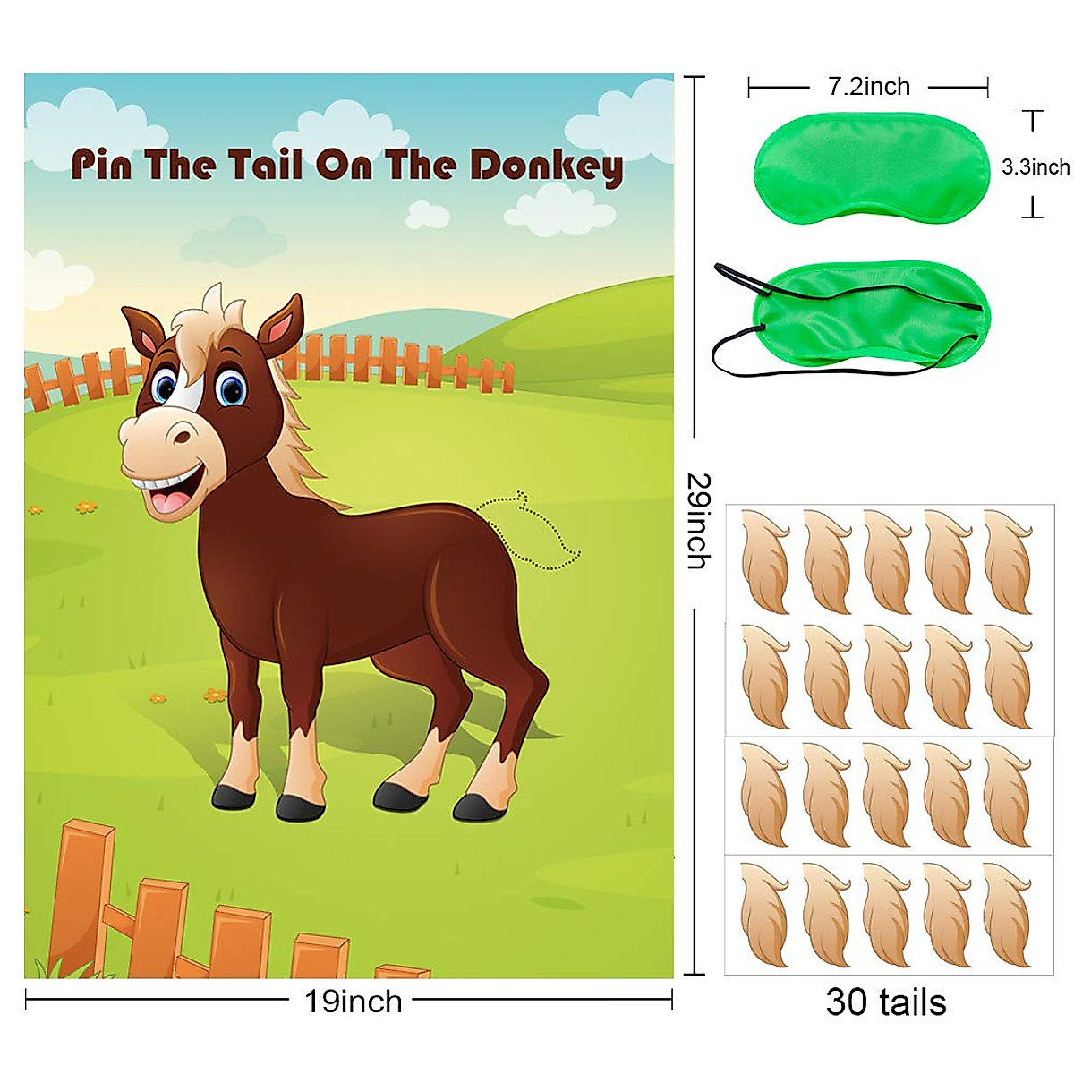 Hxezoc Pin The Tail On The Donkey Party Game with 30 Pcs Tails Large Donkey Games Poster for Kids Birthday Party Carnival Party Supplies