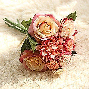SUPICKET 1 Bunch 8 Pcs Artificial Rose Dahlia Daisy Flower Bouquet Bride Bridesmaid Holding Flowers for Home Hotel Office Wedding Party Garden Craft Art Decor, Red&Orange