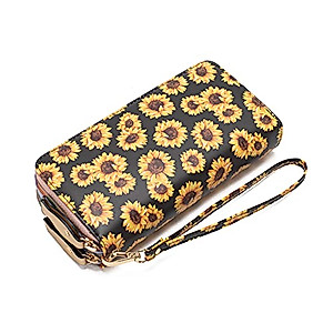 Ecohaso Sunflower Wallets for Women, Girls Wallets Cute Sunflower Pattern, Double Zipper Long Leather Wristlet Clutch Purses with Multiple Card Slots and Removable Wrist Strap for Girls (Sunflower)