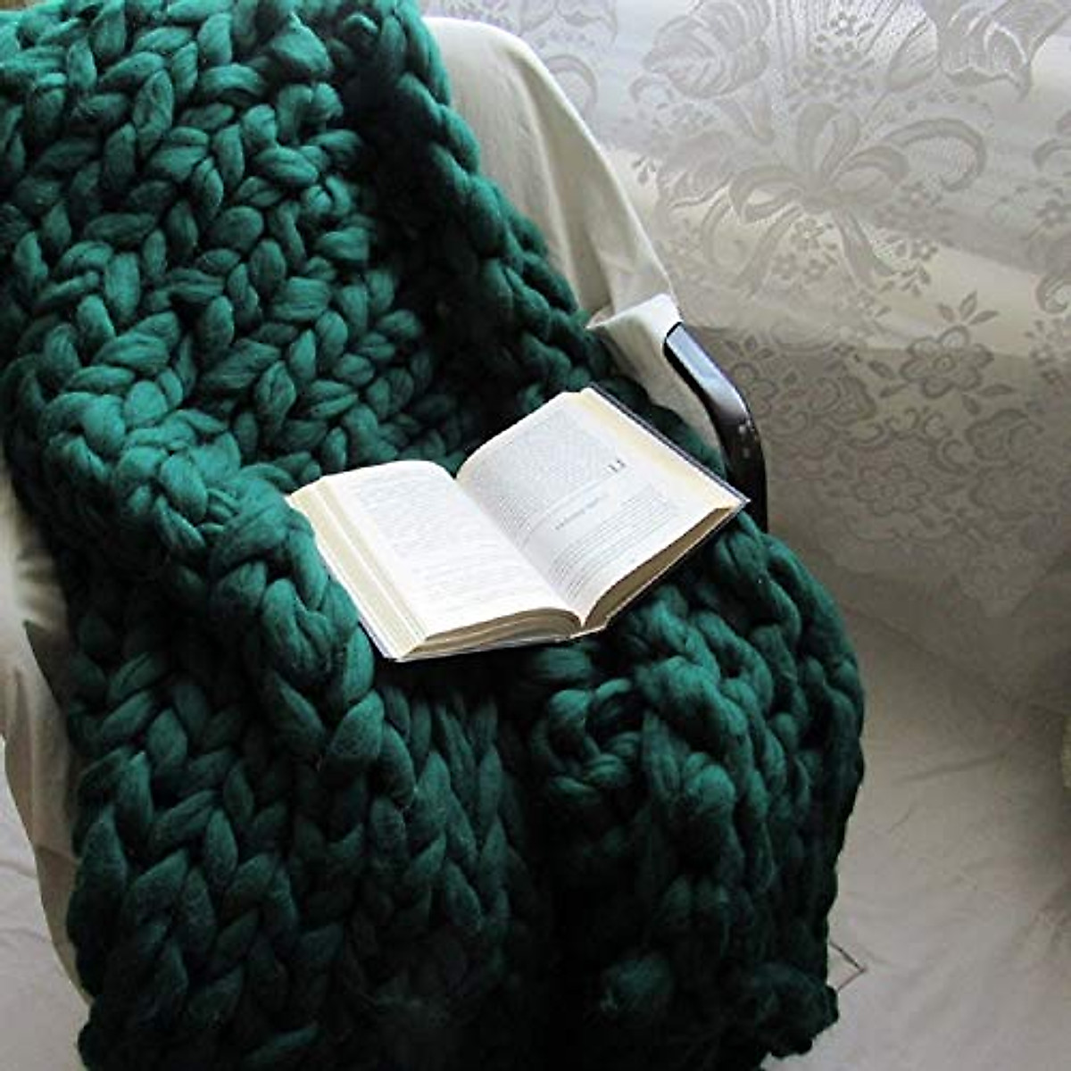 Inverse growth Handmade Chunky Knit Blanket Large Thick Wool Bulky Knitting Throw for Bedroom Decor Pet Bed Chair Mat Rug Dark Green 48"×60"