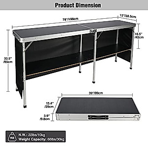 REDCAMP Extra Long Portable Bar Table with Bar Skirts and Storage Shelf, Pop-Up Bar Table for Party, Patio, 78"x33.5"x15",Black
