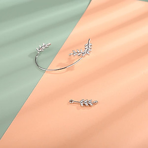 Jumwrit Rhinestone Ear Cuffs Leaf Ear Jacket Climber Crawler Earrings Ear Wrap Earrings Cute Hypoallergenic Stud Earrings for Women Girls（Silver）