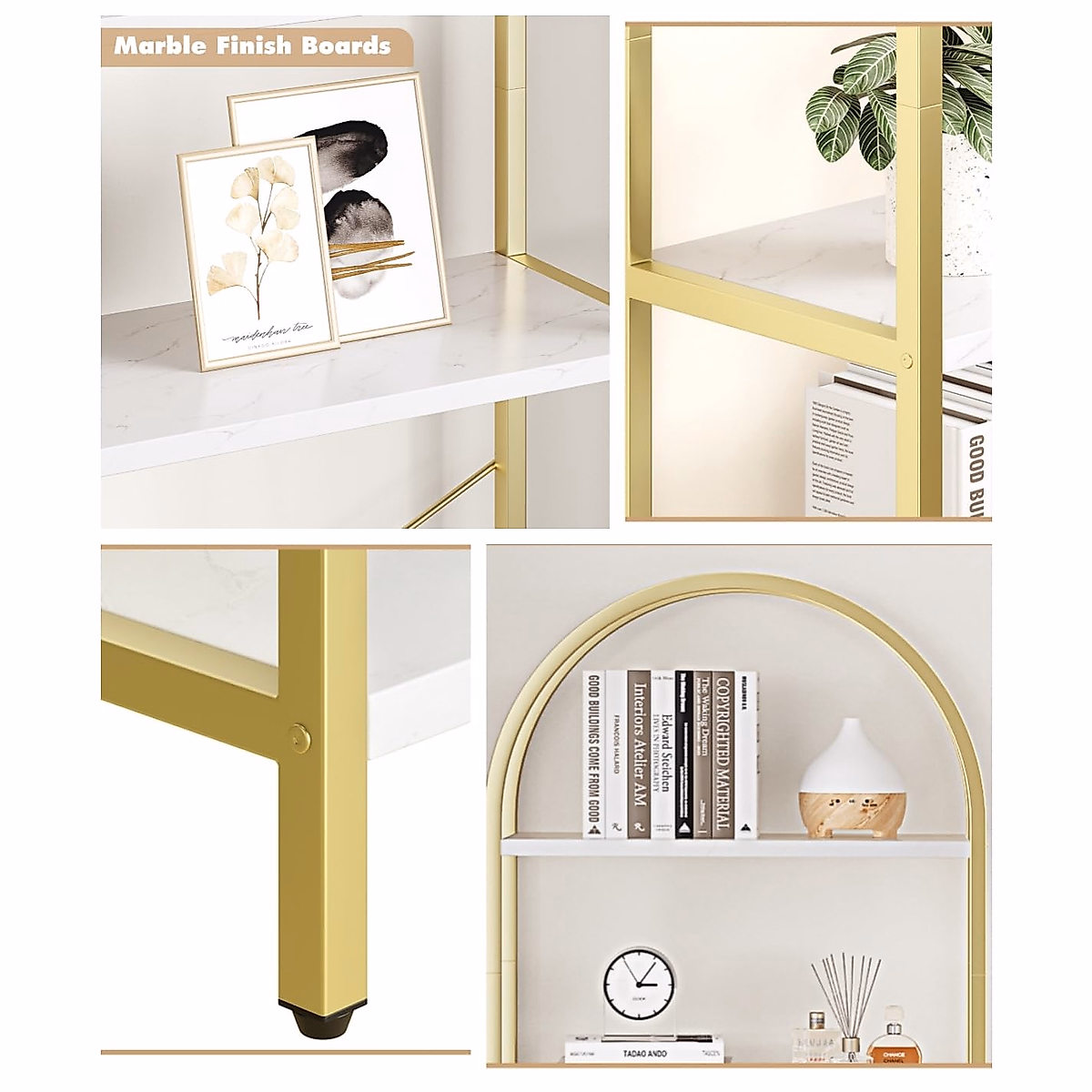 Gyabnw Bookshelf, 5-Tier Arched Bookcase with Metal Frame, Open Modern Bookcase Shelf Storage Organizer for Bedroom, Study, Living Room, and Office(White, Gold)