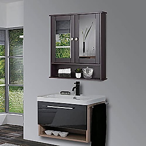 Sophia & William Mirrored Medicine Cabinet, Bathroom Wall Mounted Storage Cabinet with Double Mirror Doors and Adjustable Shelf, Coffee