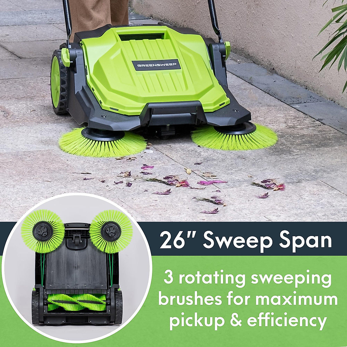 GreenSweep - Walk Behind Manual Push Floor Sweeper - 5 Gallon Capacity - Easy Storage - Outdoor Use - Additonal Heavy Duty Brush Set