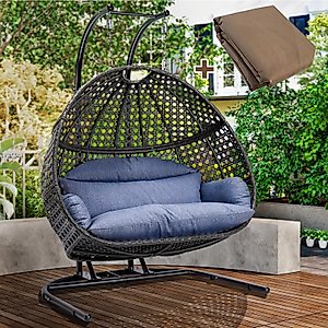 2 Person Swing Chair with Stand, X-Large Wicker Rattan Hanging Egg Chair Loveseat Chair with Cushion and Cover for Indoor Outdoor Bedroom Patio Garden (Black Frame + Dusty Blue Cushion)